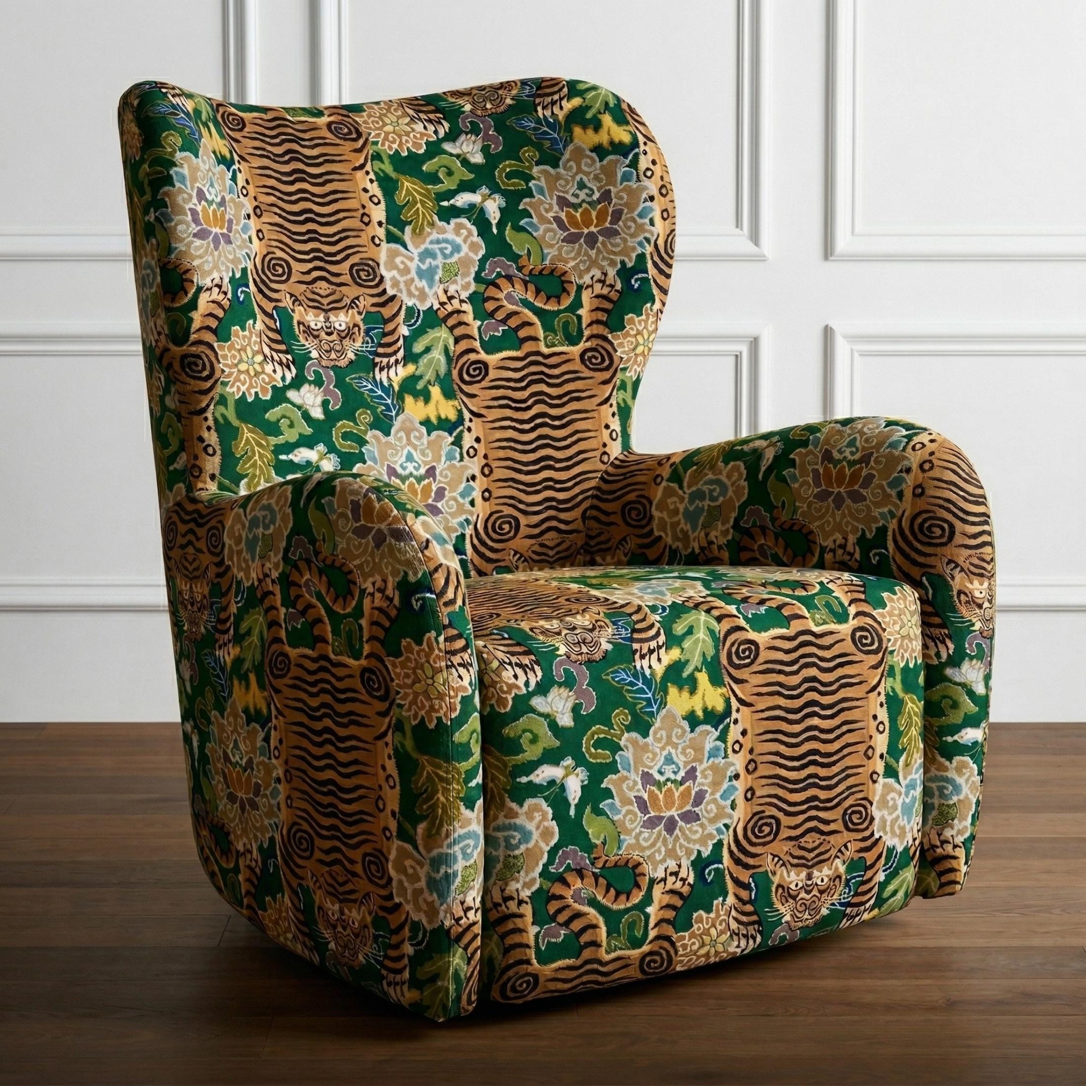 Emerald Green Tiger Chinoiserie Fabric Upholstery Cotton Textile ...