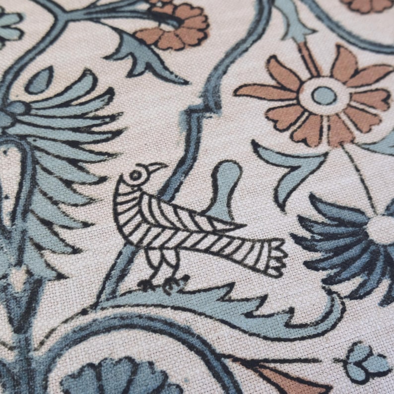 Whimsical Pattern Drapery Fabric Floral Vine Bird Print Fabric Coral ...
