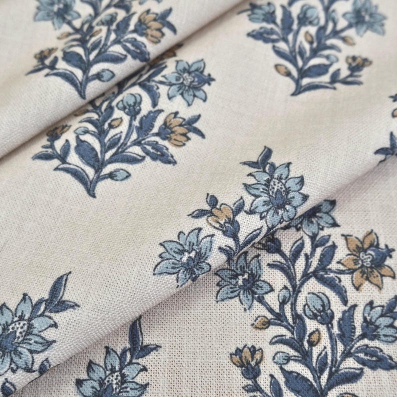 Blue Floral Block Print Fabric Drapery Interior French Blue Patterned ...