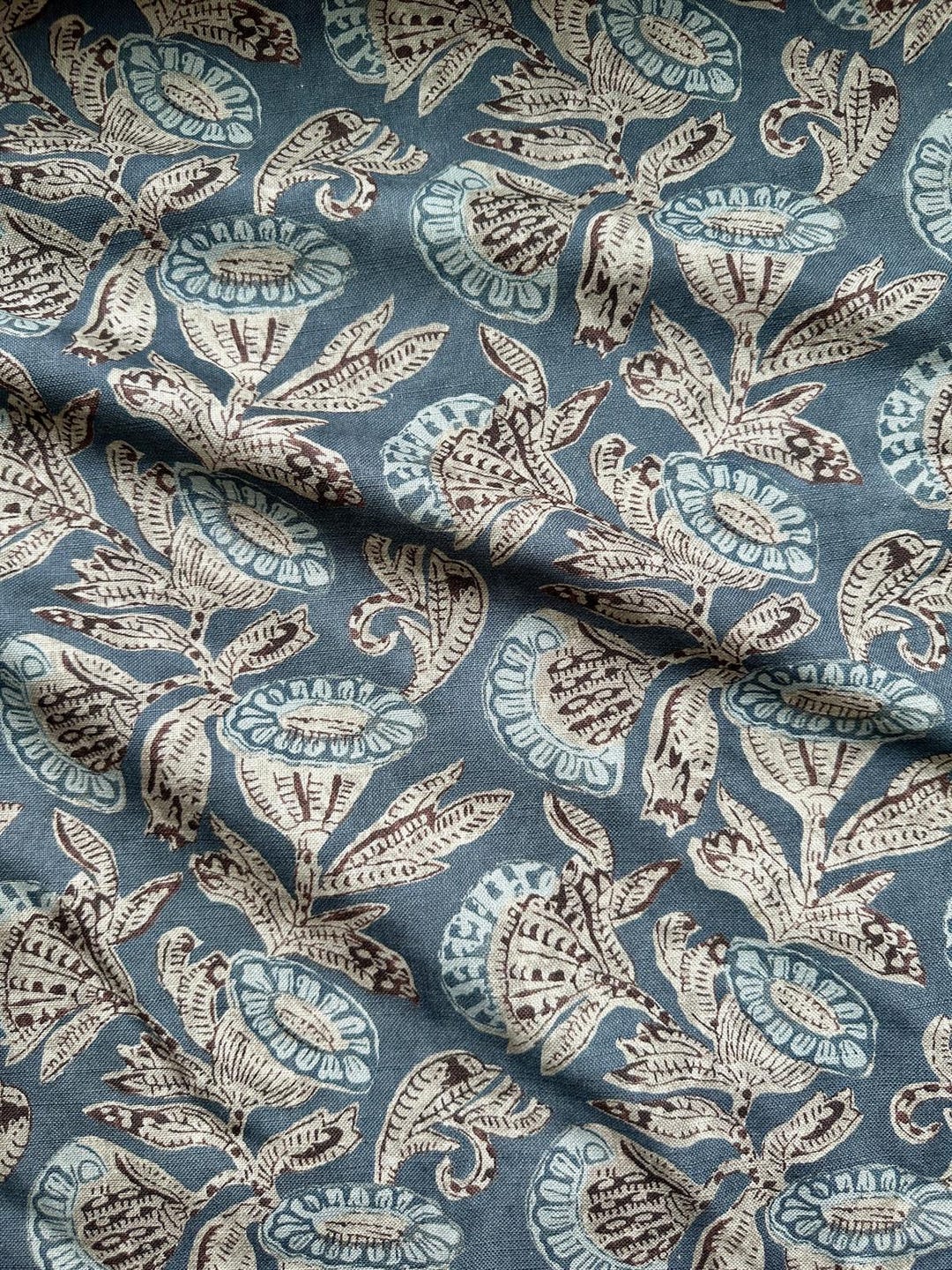 Blue Floral Pattern Linen Blend Fabric Flower Vine Print Cotton Textile ...