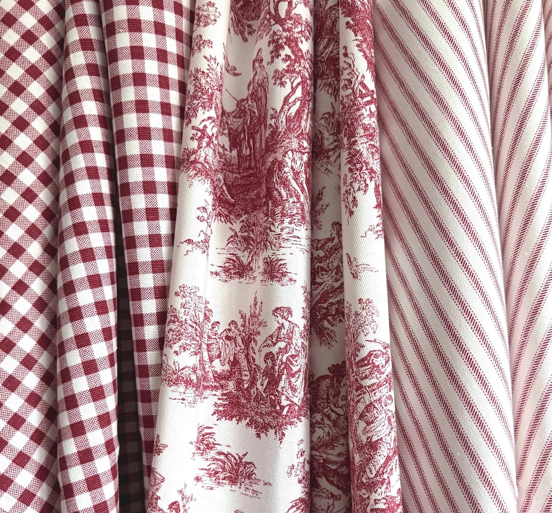 Red Toile Fabric Gingham Red Ticking Stripe Coordinating Pattern French ...