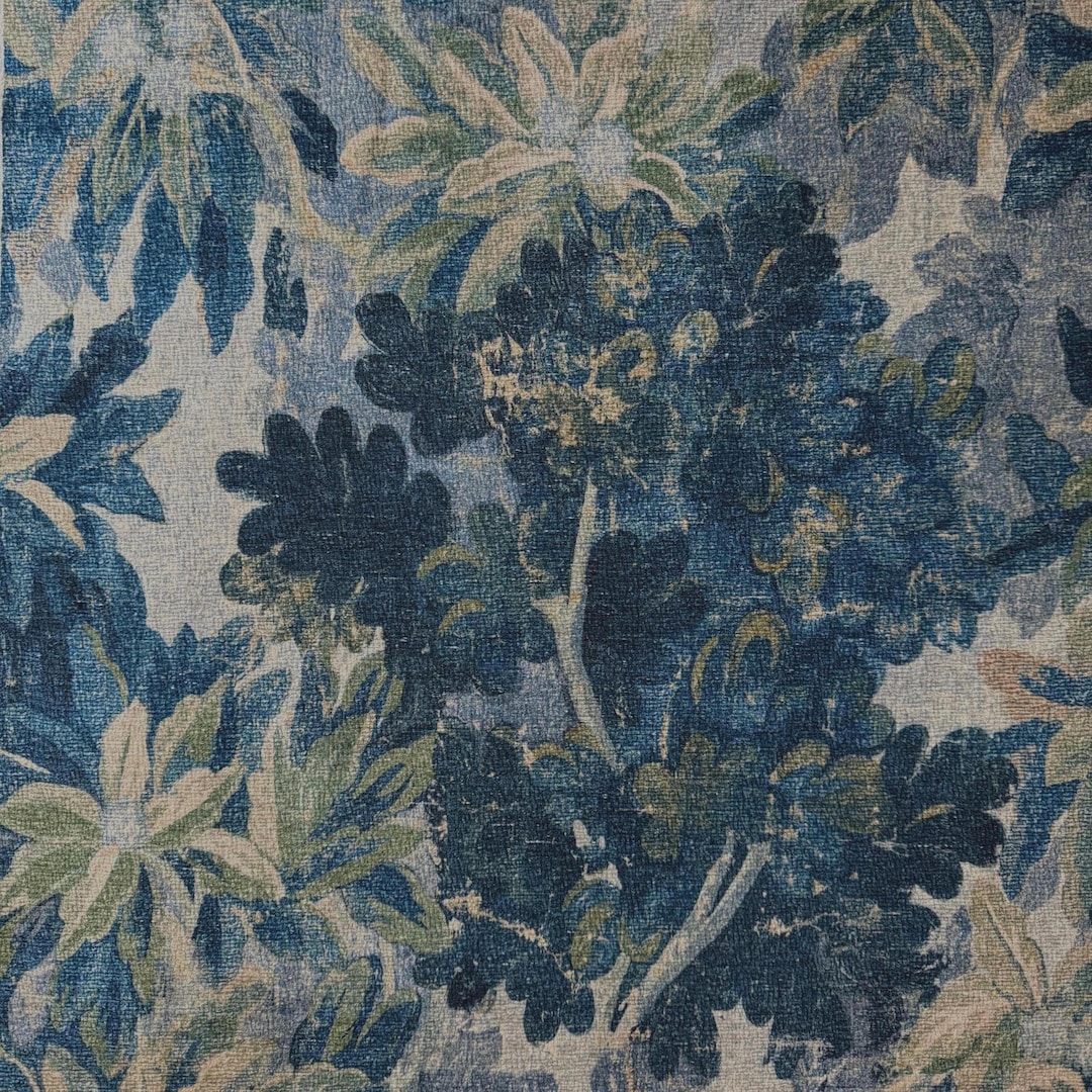 Blue Leaves Pattern Fabric Verdant Print Designer Textile Medieval ...