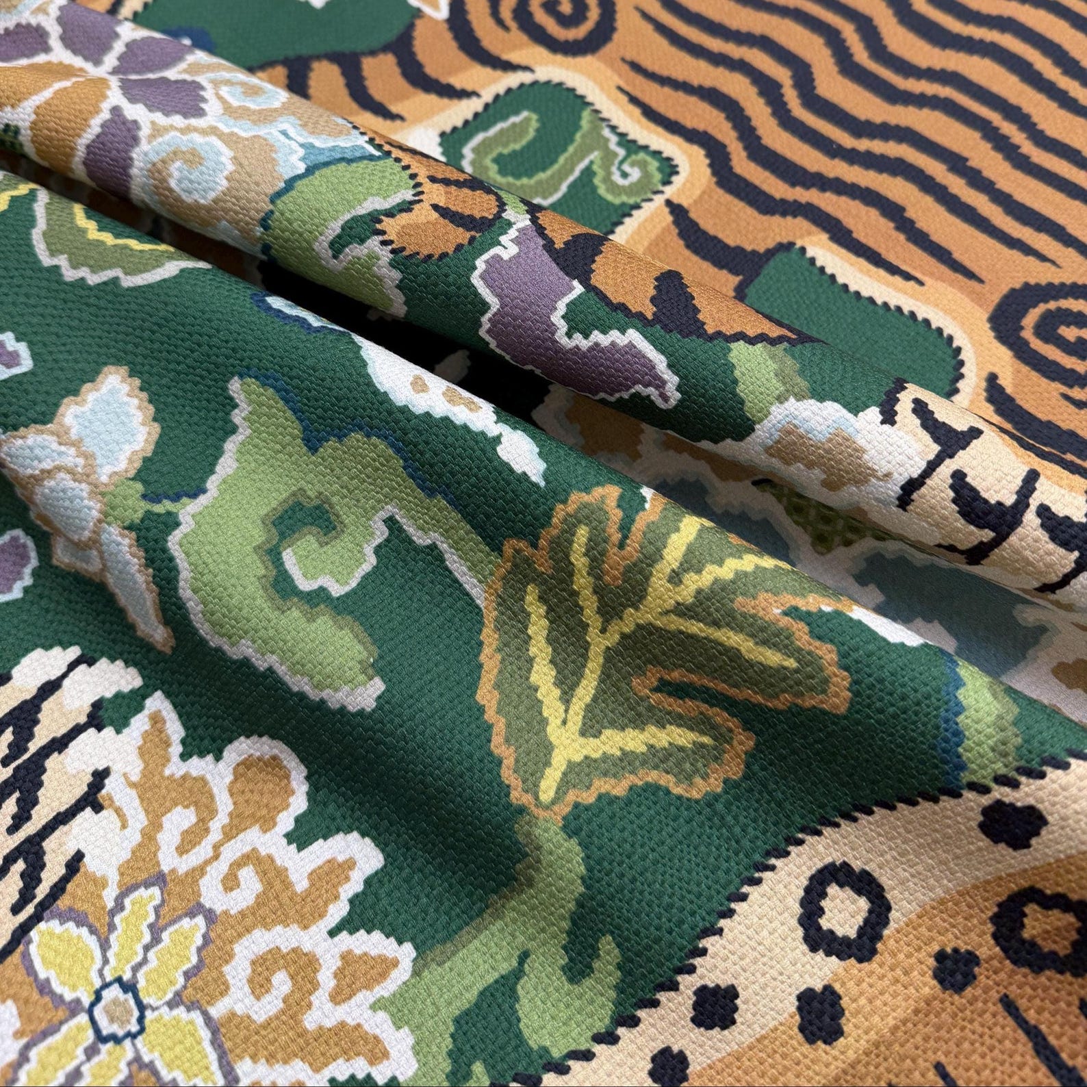 Emerald Green Tiger Chinoiserie Fabric Upholstery Cotton Textile ...