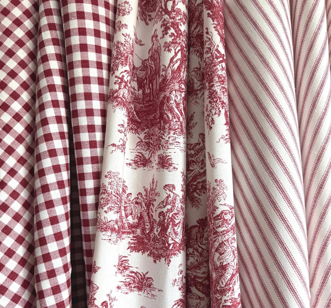 Red Toile Fabric Gingham Red Ticking Stripe Coordinating Pattern French ...
