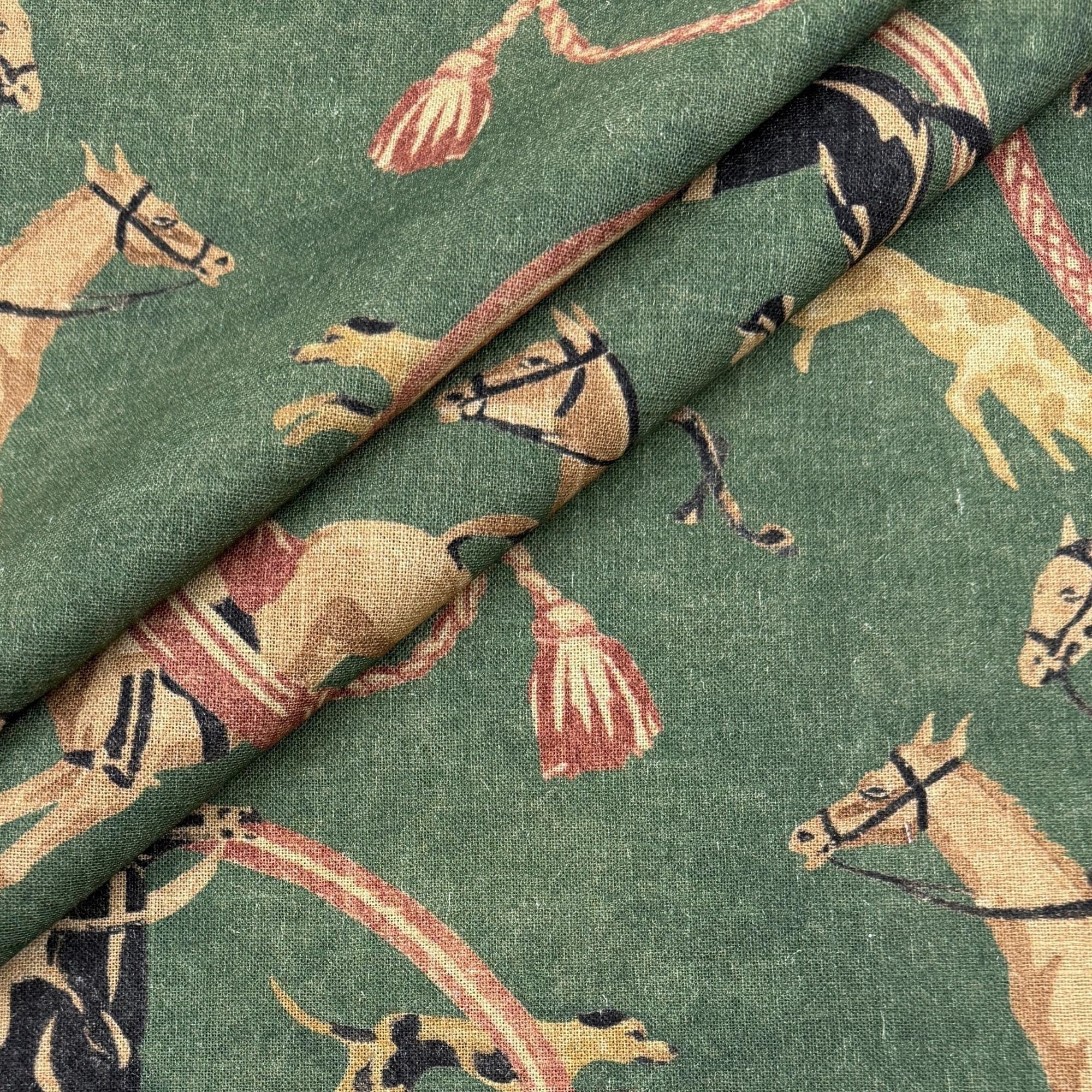 Green Equestrian Print Fabric Soft Upholstery Linen Blend Textile by ...