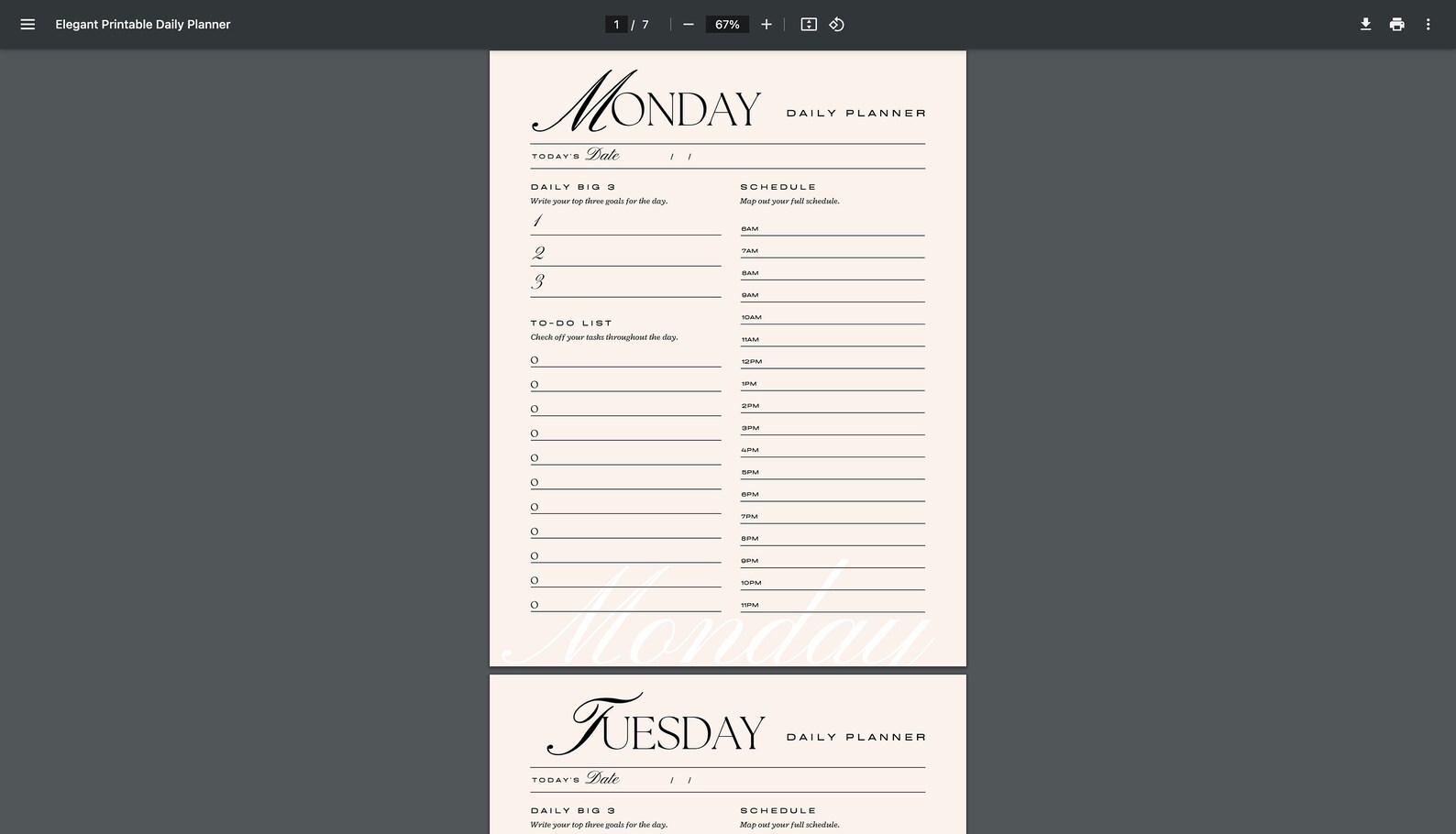 Printable Weekly Planner 7 Days of the Week PDF Downloadable Cute ...