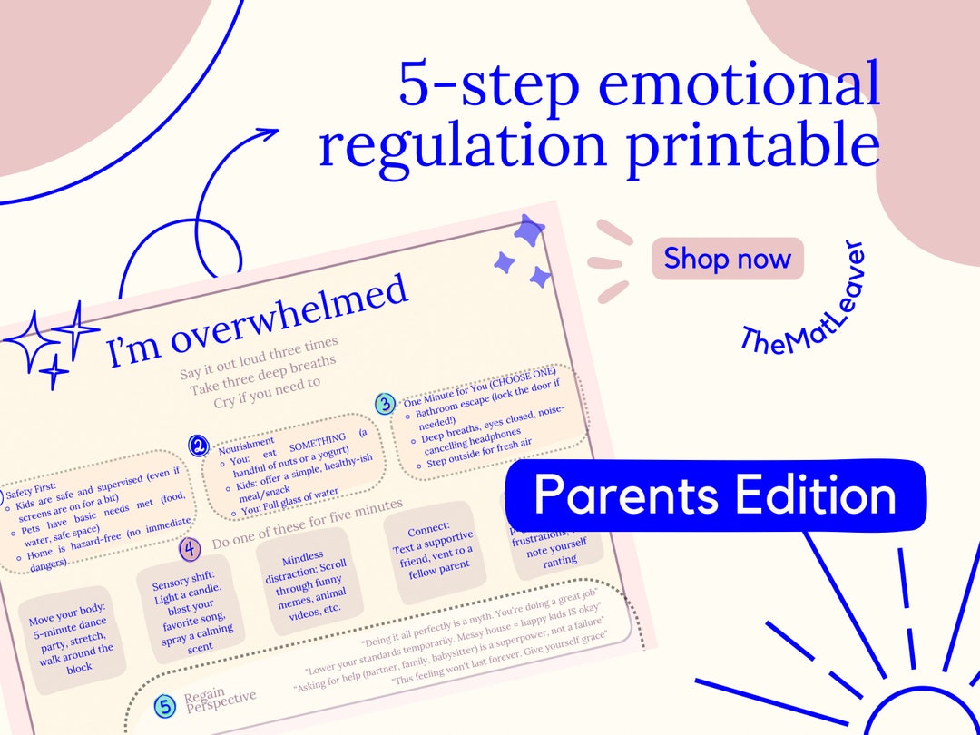 A4 Emotional Regulation Aid for Overwhelmed Parents - 5 Steps to Calm ...