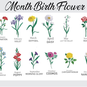 12 Month Flowers Embroidery, Birth Flowers Bundle Machine Embroidered ...