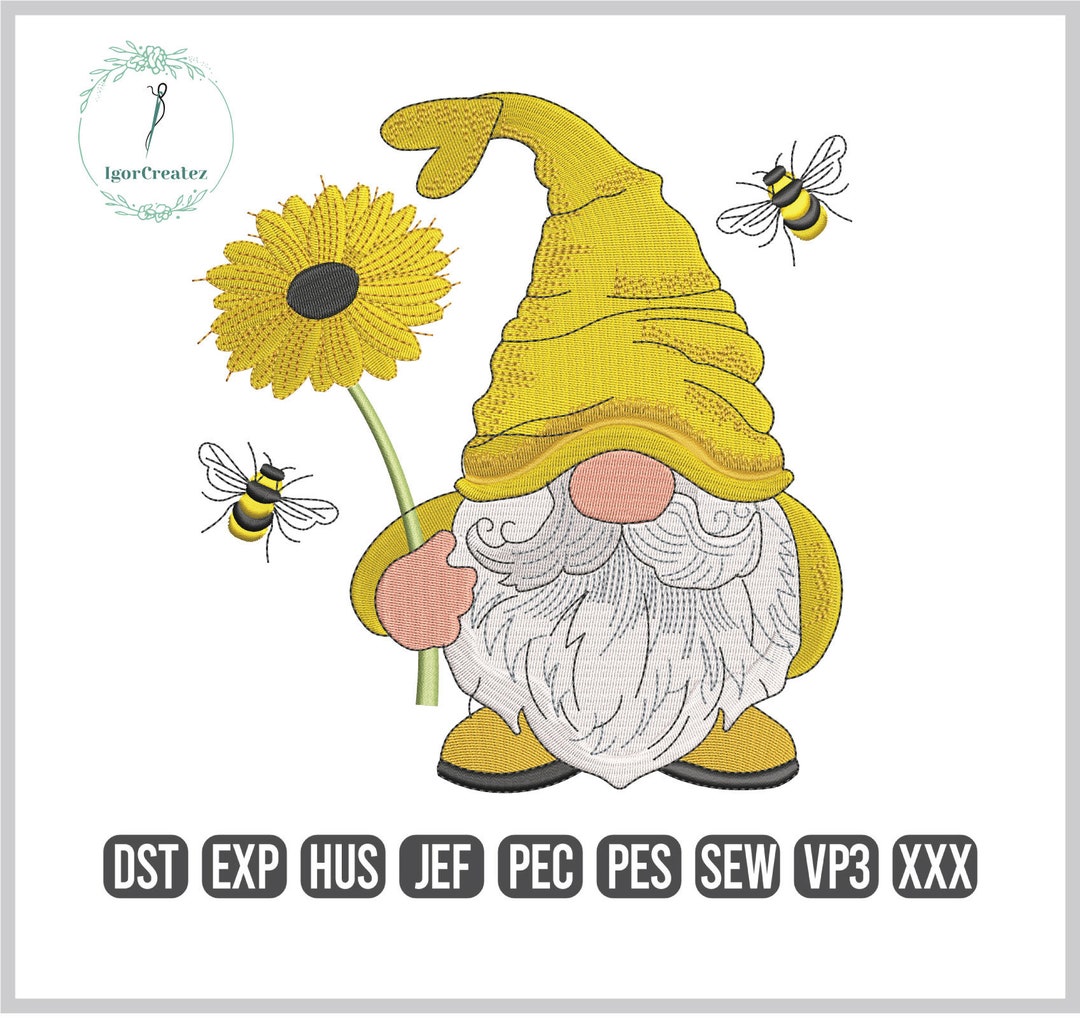 Gnome Embroidery, Gnome and Bee Machine Embroidered, Sunflower Yellow ...