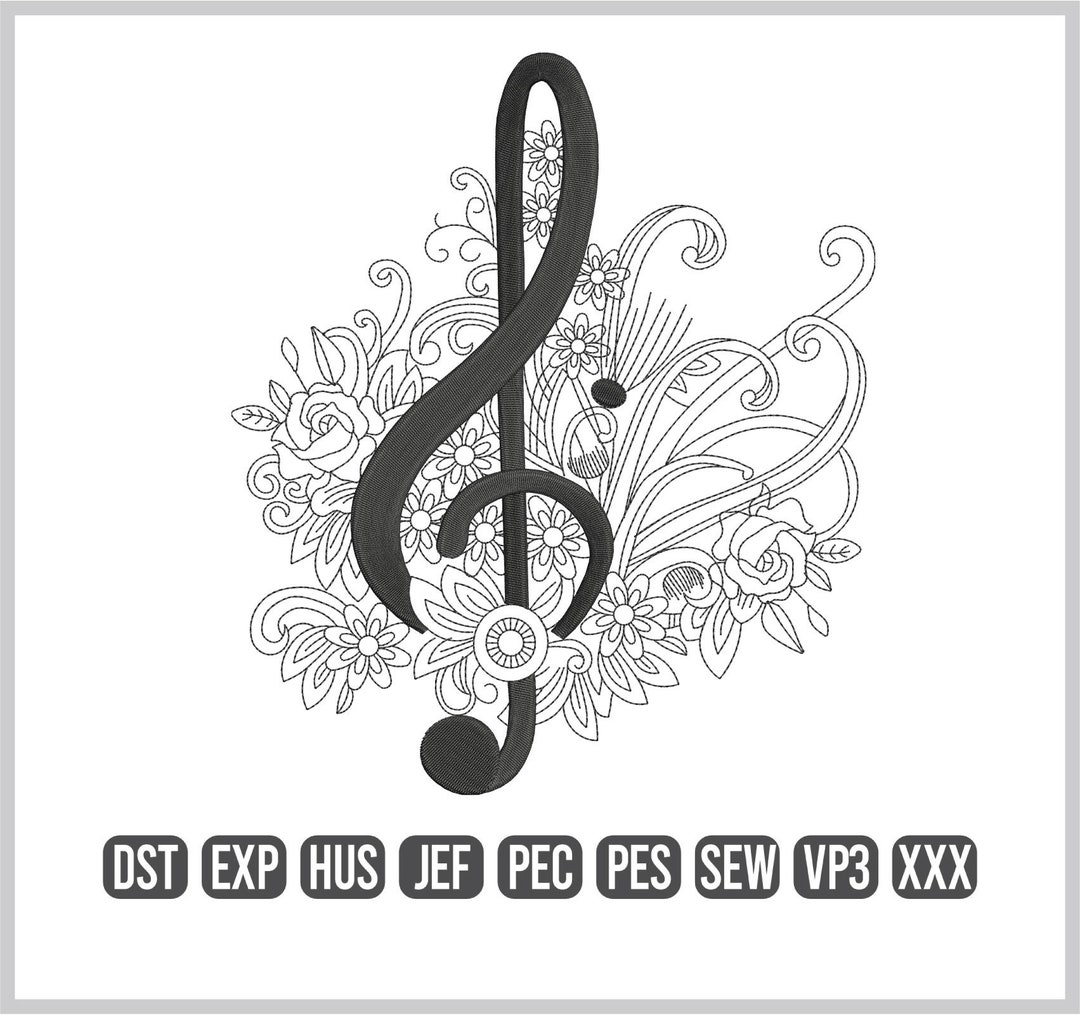 Floral Treble Clef Embroidery Design, Musical Note Digital Design for ...