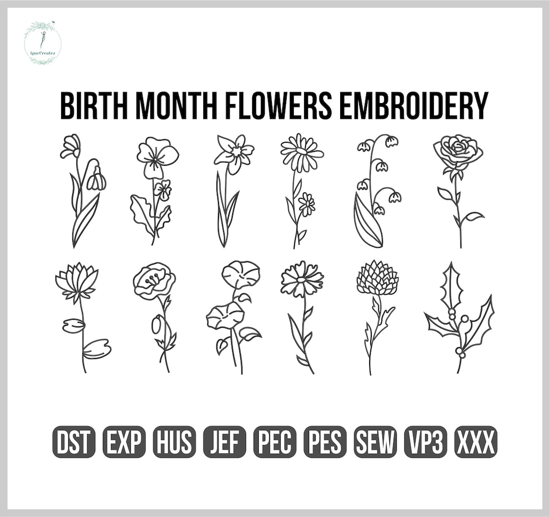Embroidery Birth Flowers, 12 Month Flowers Bundle Machine Embroidery ...