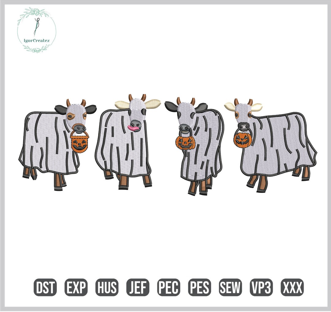 Ghost Cow Embroidery Design, Halloween Cow Ghosts With Pumpkin Machine ...