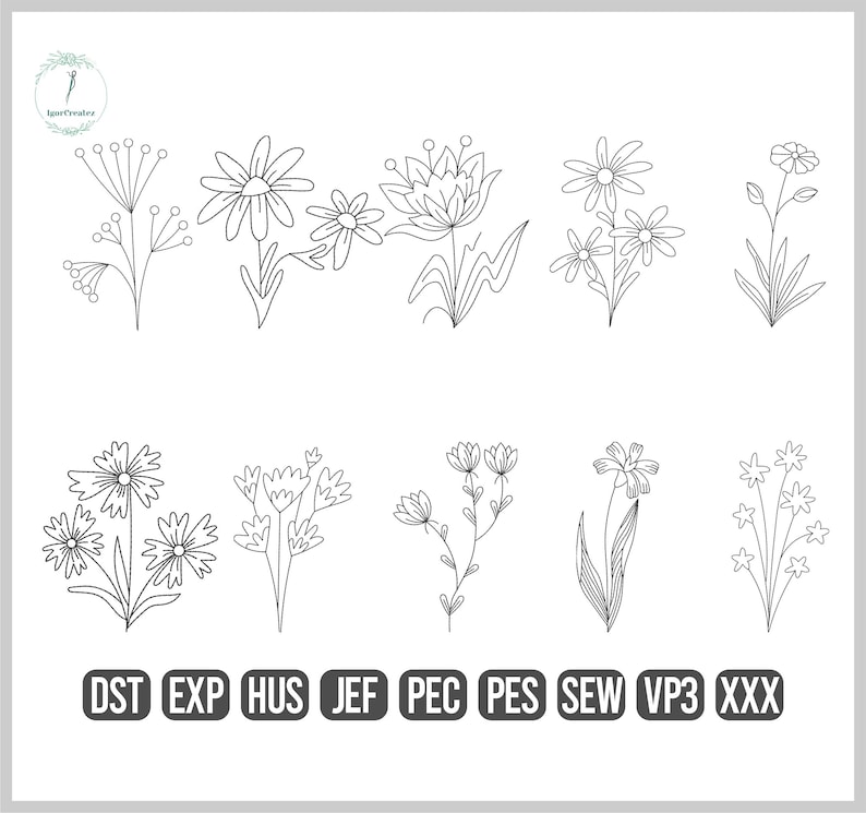 10 Wildflowers Designs Embroidery, Digital Machine Embroidered ...