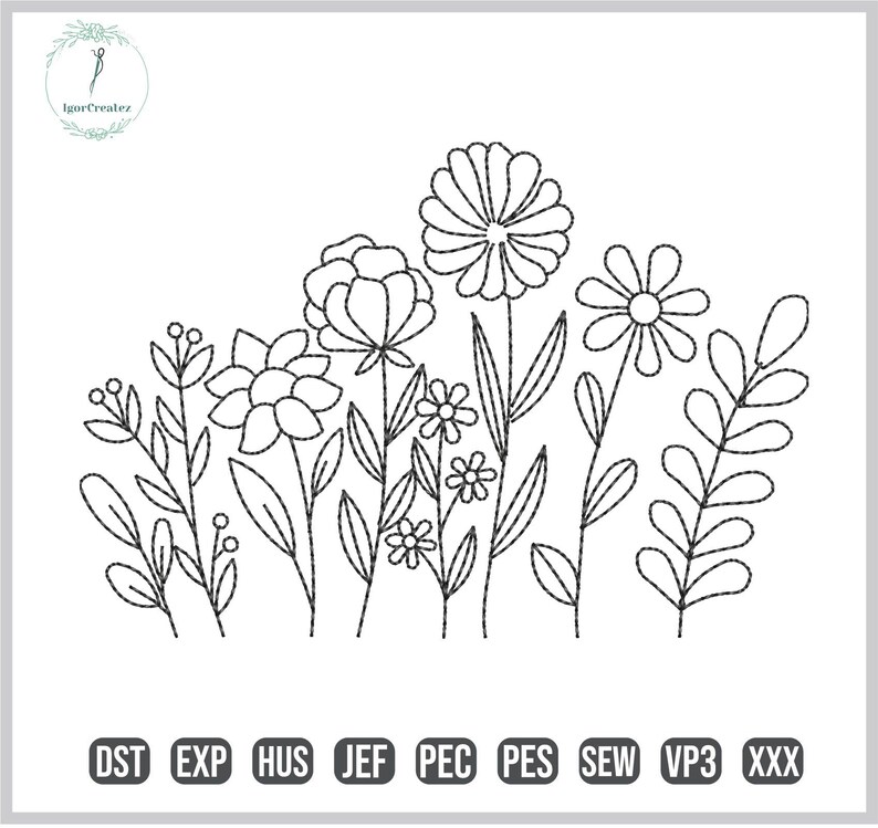 Wildflowers Outline Machine Embroidery, Botanical Beautiful Flowers ...