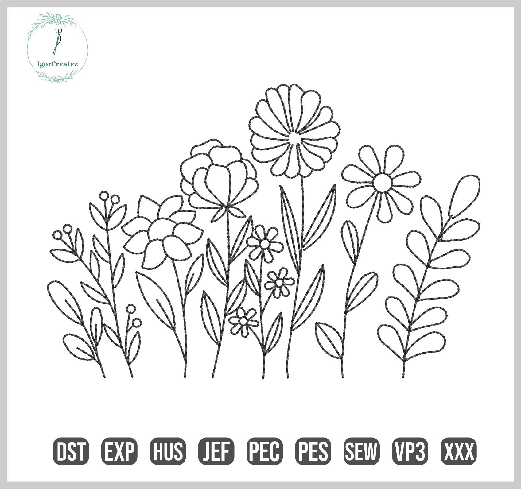 Wildflowers Outline Machine Embroidery, Botanical Beautiful Flowers ...