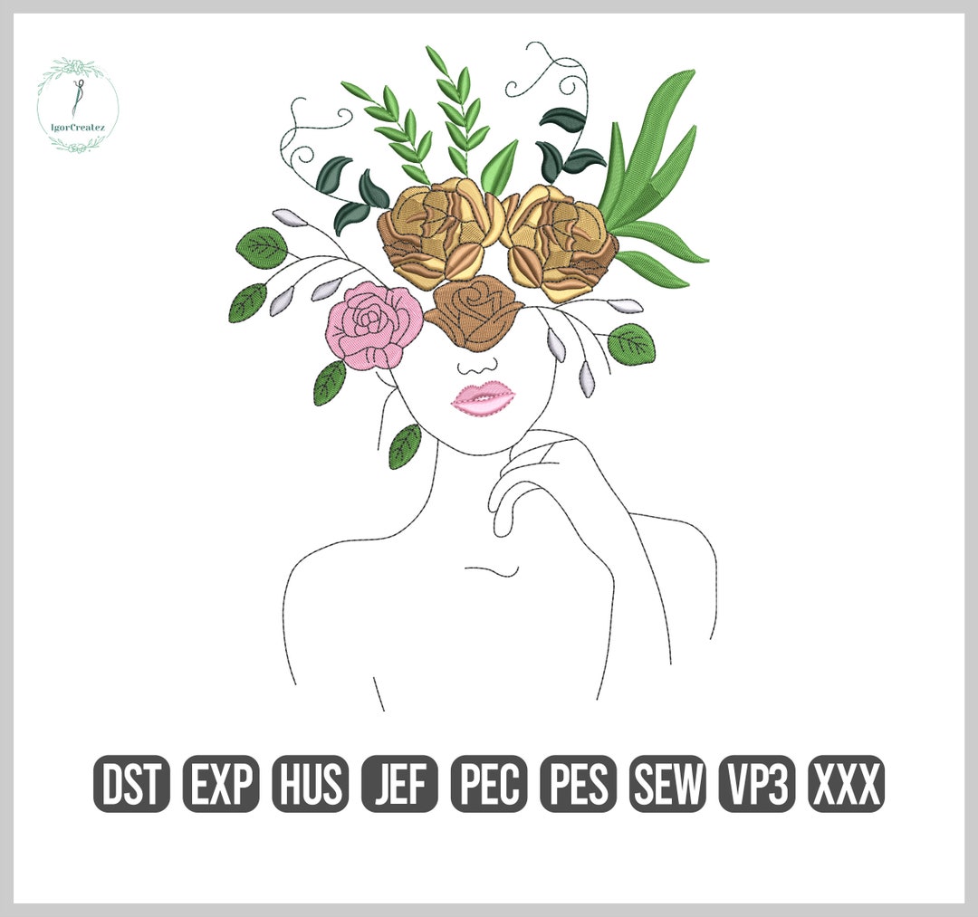 Floral Lady Line Art Embroidery, Women With Flower Face Design Machine ...