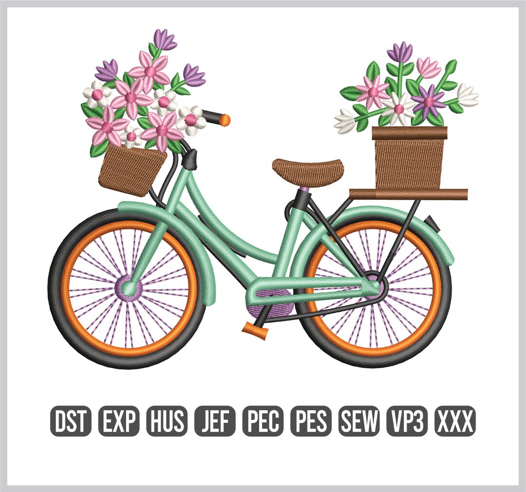 Floral Bicycle Design Embroidery, Bike With Flowers Machine Embroider ...