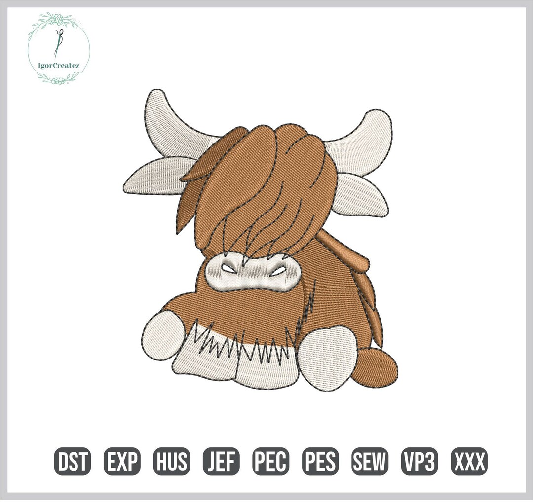 Baby Highland Cow Embroidery, Cute Baby Scottish Cow Machine Embroidery ...