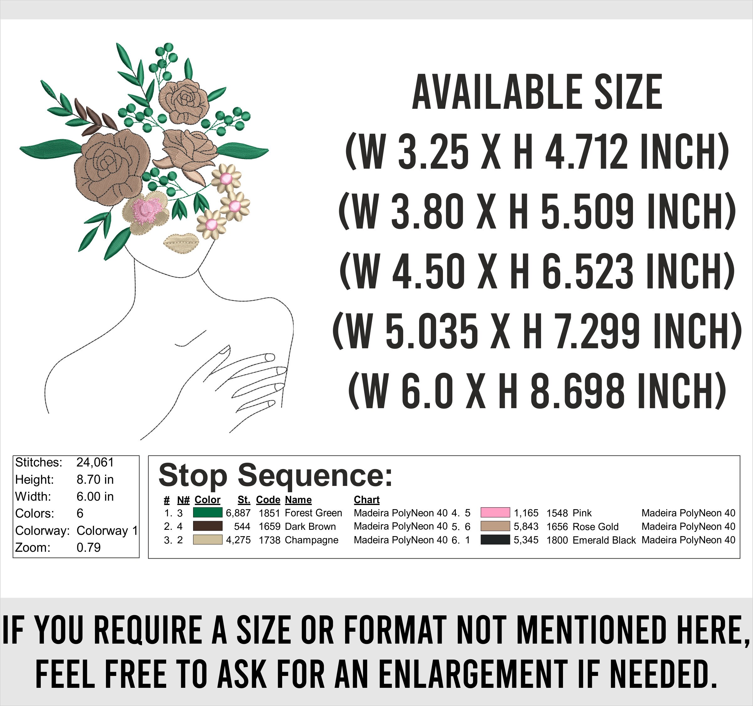 Female Head Floral Embroidery Line Art, Digital Machine Embroidered ...