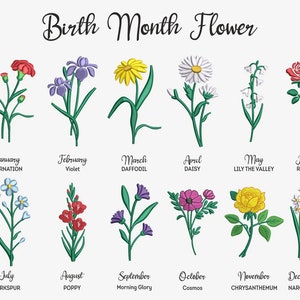 12 Month Flowers Embroidery, Birth Flowers Bundle Machine Embroidered ...