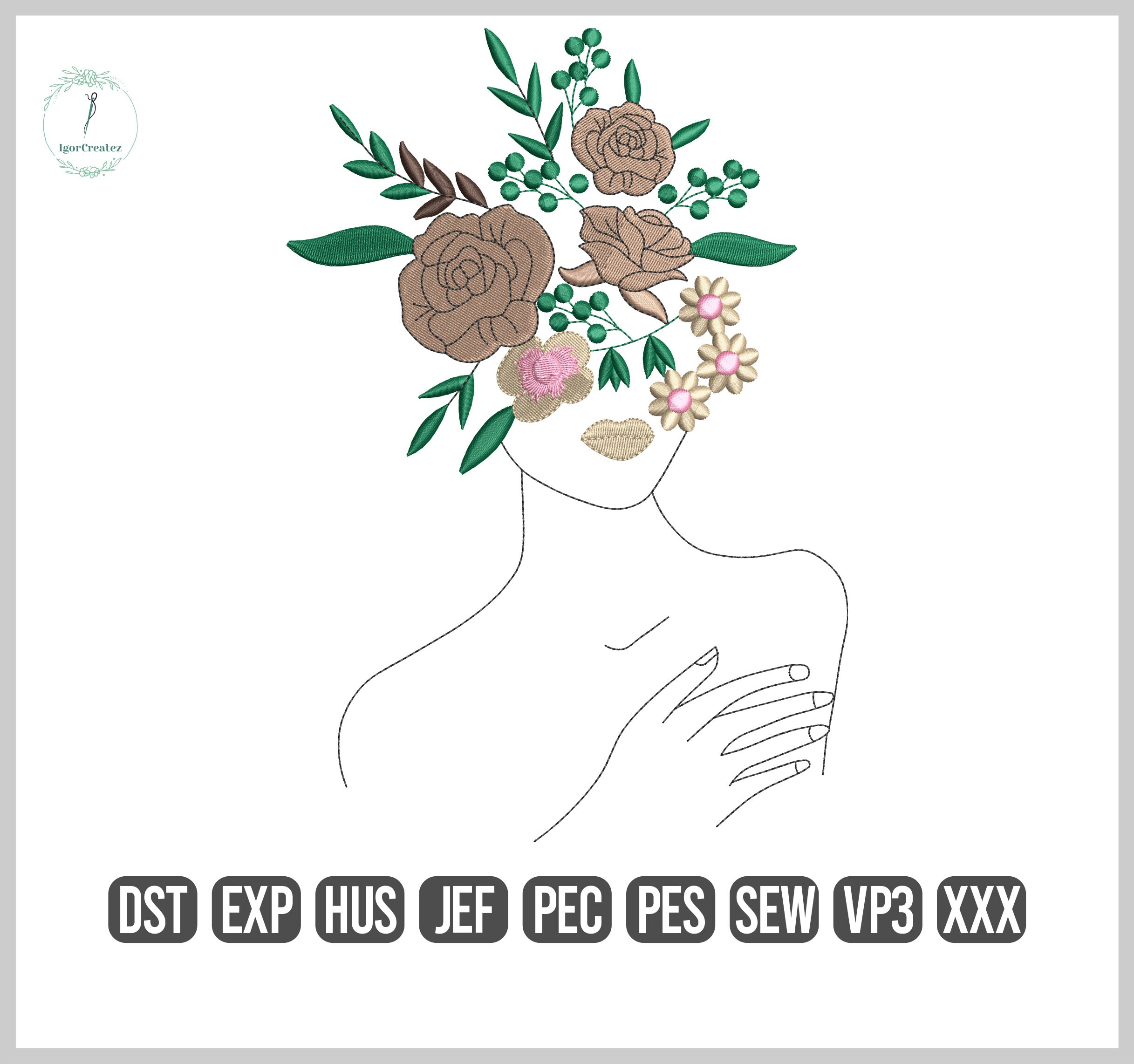 Female Head Floral Embroidery Line Art, Digital Machine Embroidered ...