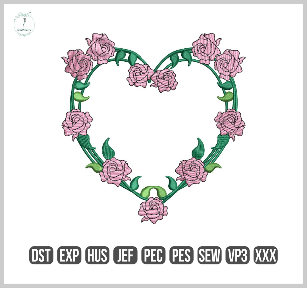 Floral Heart Frame Embroidery, Rose Flowers Leaves Heart Machine ...