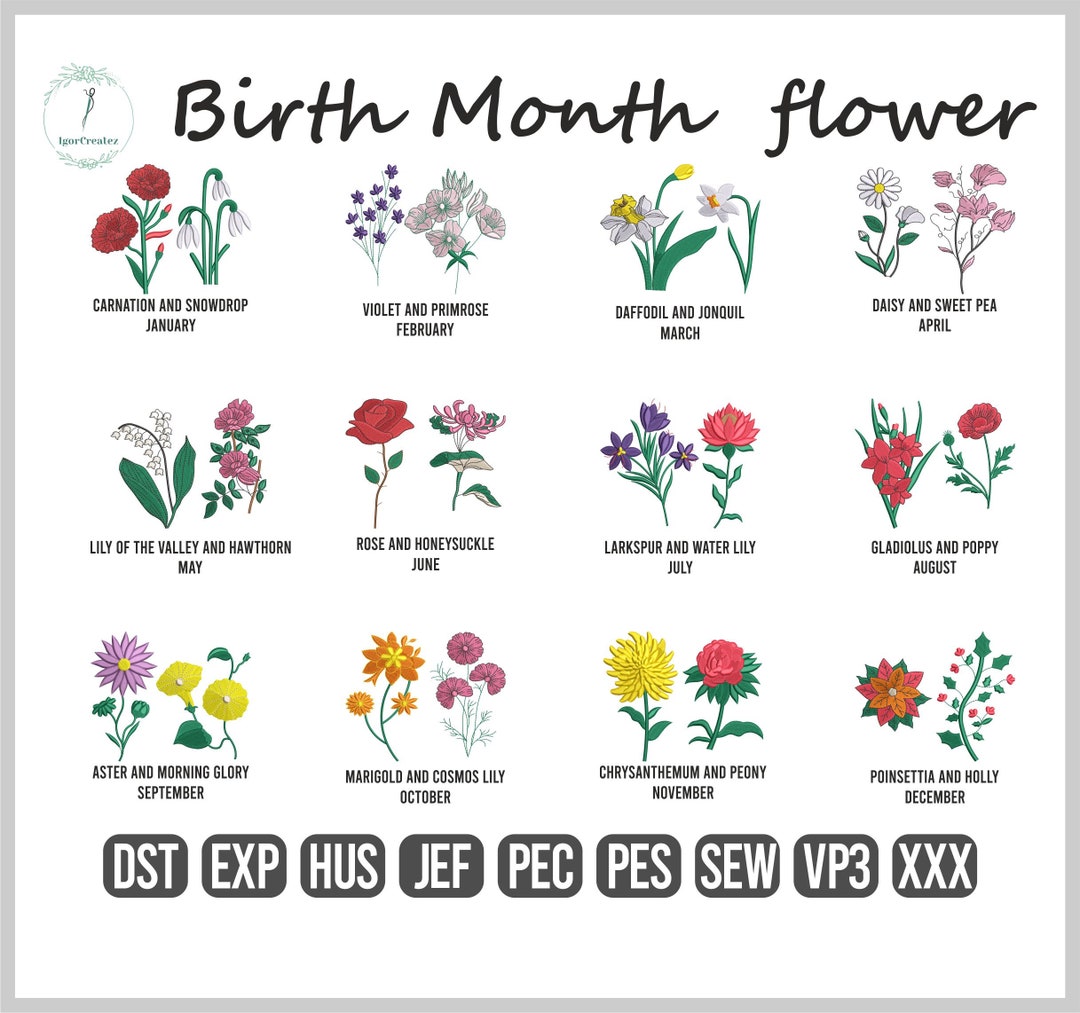 Birth Flowers Bundle Machine Embroider, Embroidery 12 Month Flowers ...