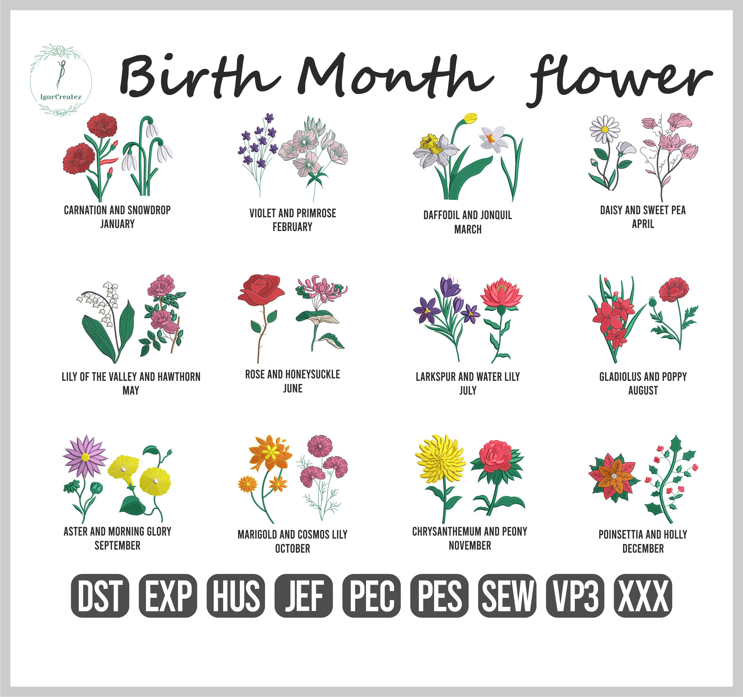 Birth Flowers Bundle Machine Embroider, Embroidery 12 Month Flowers ...