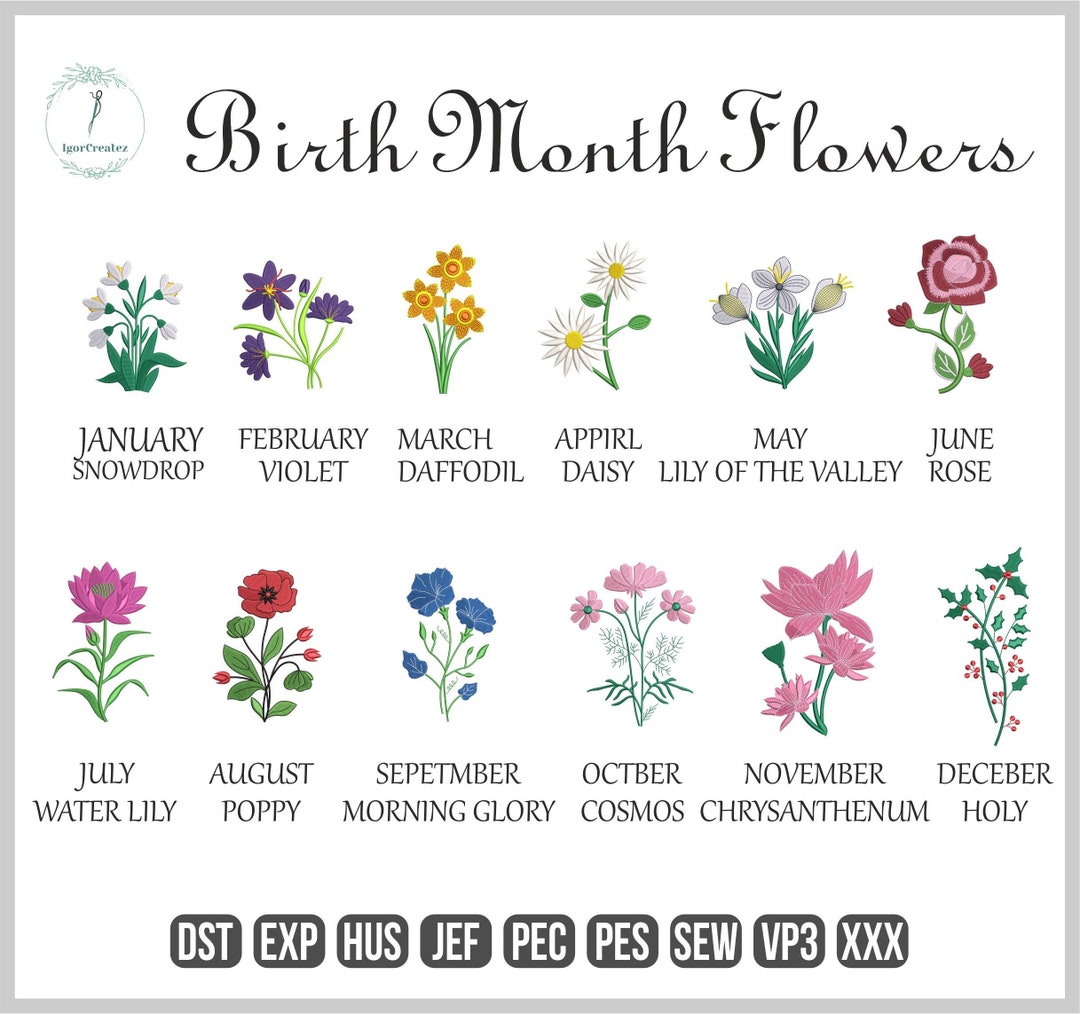 Birth Month Flowers Embroidery, 12 Flowers Machine Embroidered Design ...