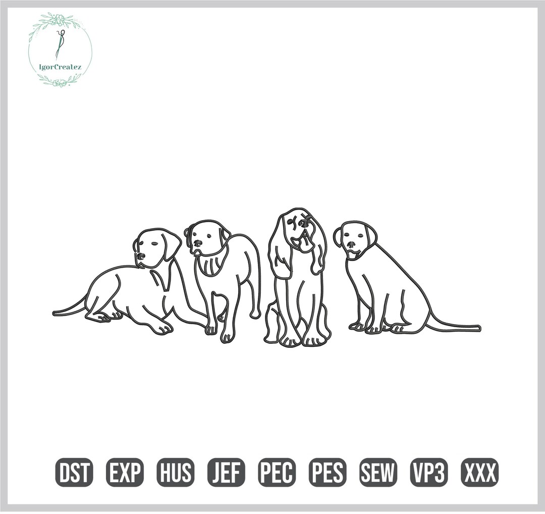 Machine Embroidery Dogs Outline, Cute Dogs Embroidered Design, Instant ...
