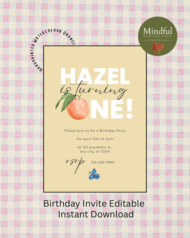 Editable Citrus Birthday Invitation | Gingham Blue Printable Invite ...