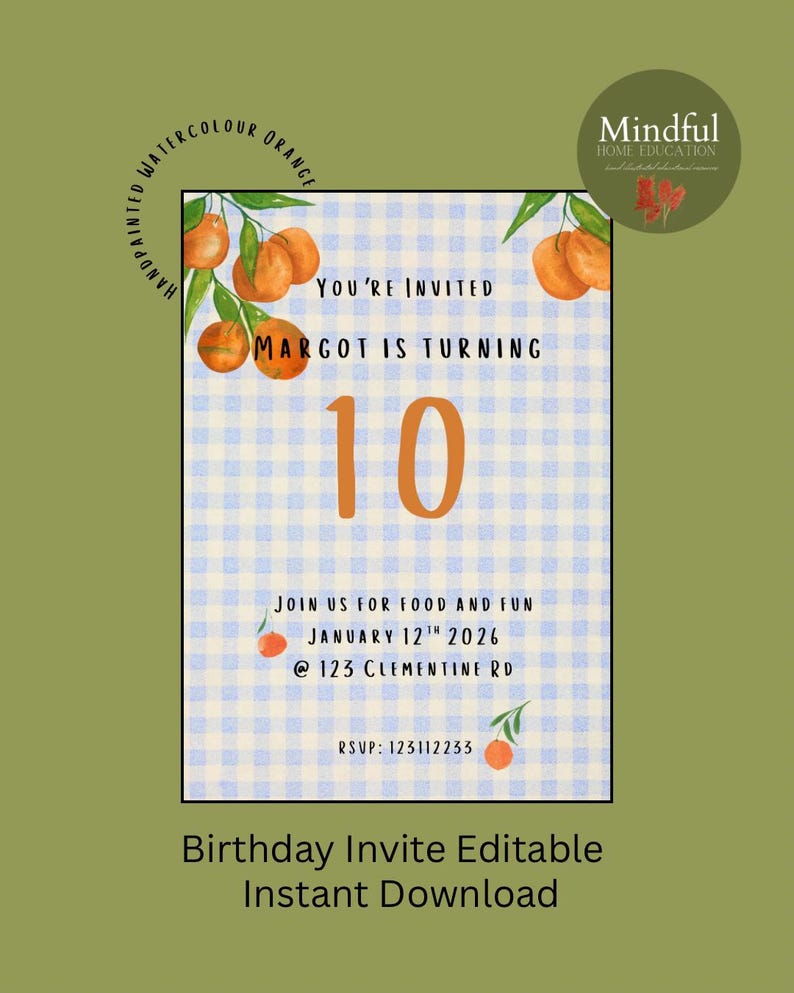 Editable Citrus Birthday Invitation | Gingham Blue Printable Invite ...