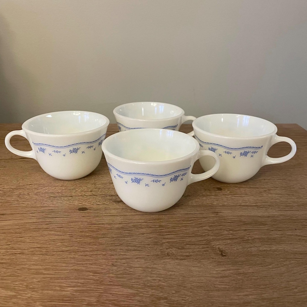 Set of 4 Vintage Pyrex Corning Milk Glass Mugs in Morning Blue Pattern ...