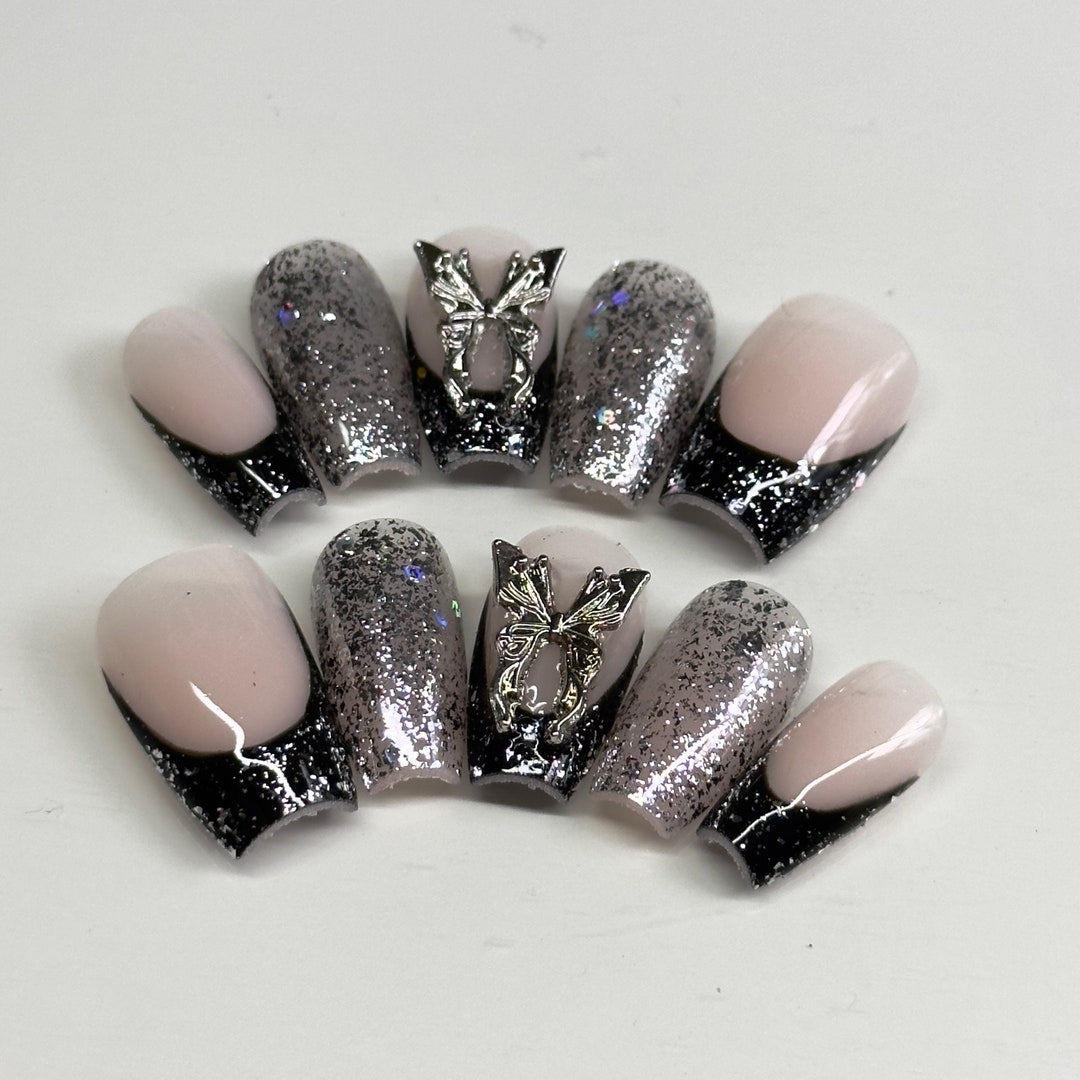 Black Glitter French Tip, Y2K Nails - Etsy
