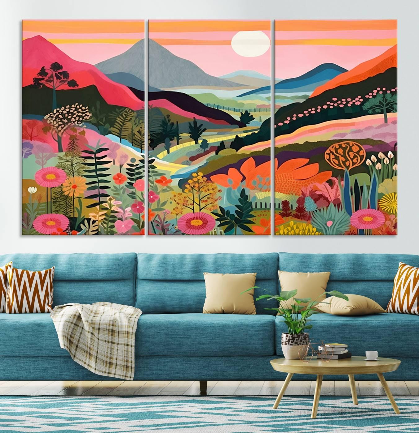 Yayoi Kusama Landscape Canvas Print, Vibrant Floral and Mountain Art, Whimsical Nature Decor ...