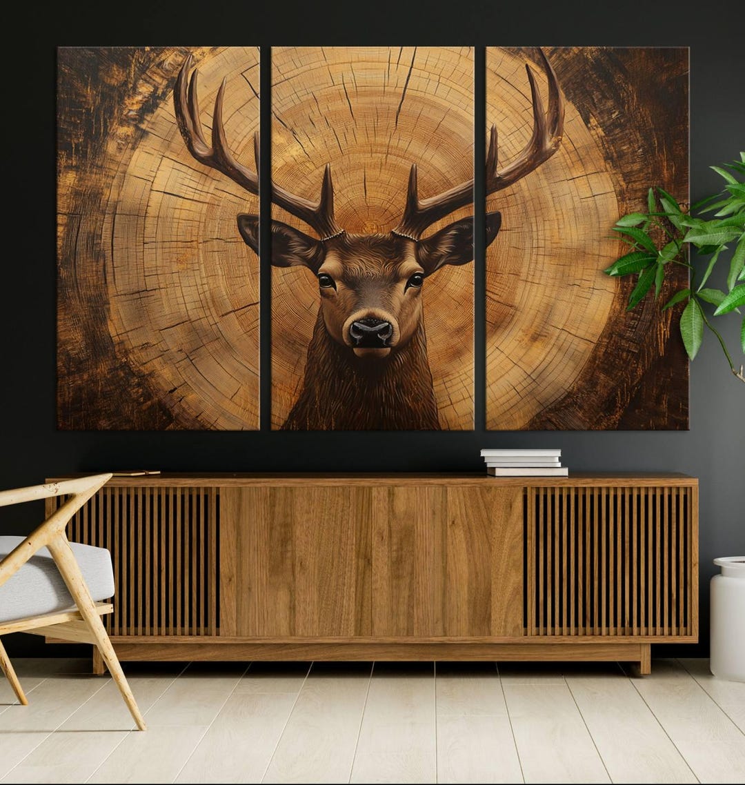 Vintage Rustic Stag Wall Art Canvas Print Majestic Deer With Wood Ring ...