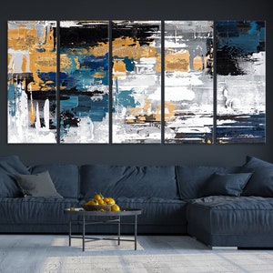 Navy Blue Abstract Painting Wall Art Canvas Print Modern Multi Panel ...