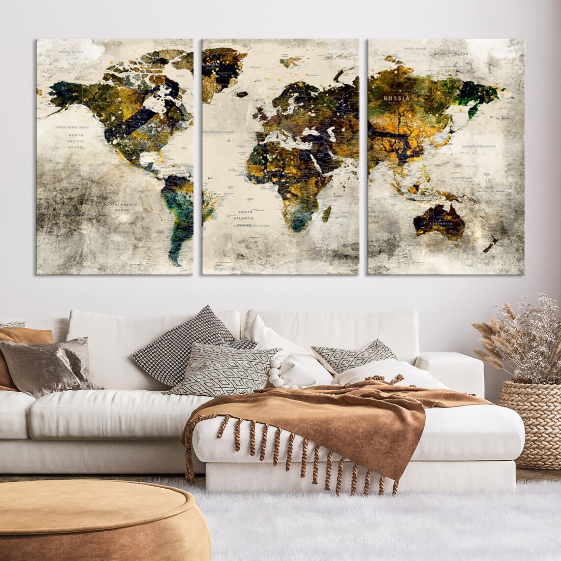 Extra Large World Map Canvas Wall Art Print Vintage Multi Panel Rustic ...