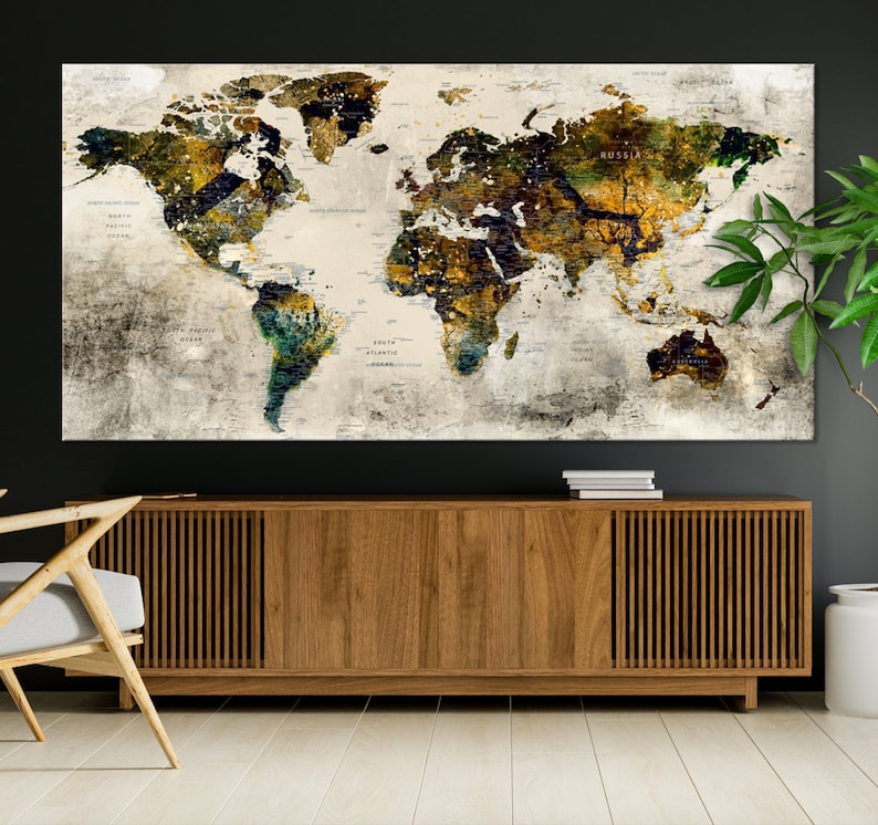 Extra Large World Map Canvas Wall Art Print Vintage Multi Panel Rustic ...