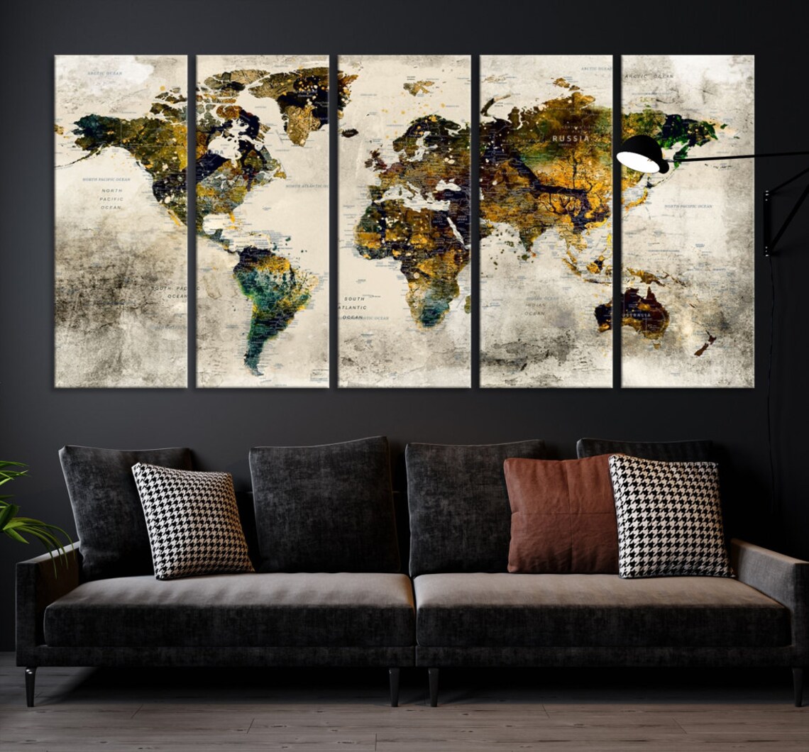 Extra Large World Map Canvas Wall Art Print Vintage Multi Panel Rustic ...