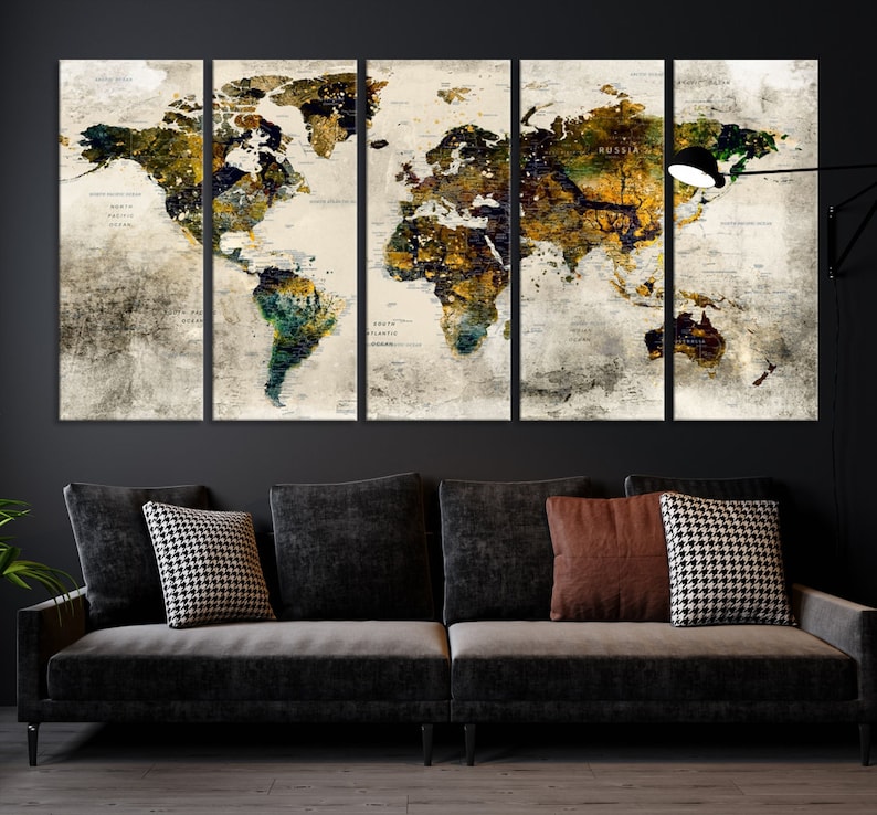Extra Large World Map Canvas Wall Art Print Vintage Multi Panel Rustic ...