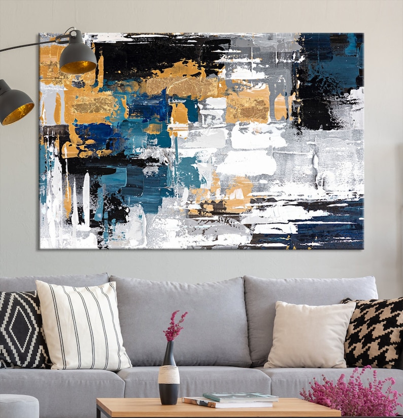 Navy Blue Abstract Painting Wall Art Canvas Print Modern Multi Panel ...