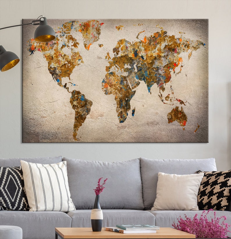 Vintage Textured World Map Canvas Wall Art Print Extra Large Multi ...