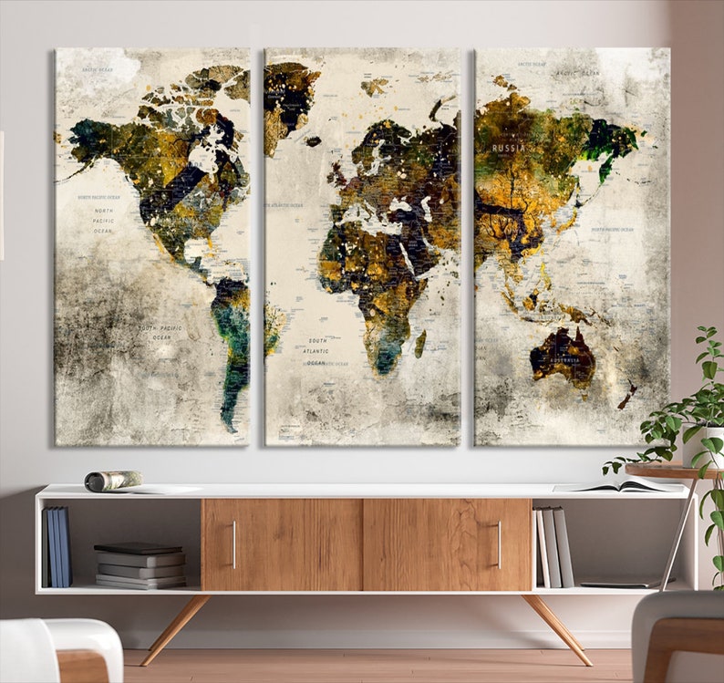Extra Large World Map Canvas Wall Art Print Vintage Multi Panel Rustic ...