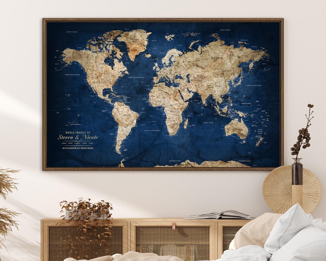 Personalized Push Pin World Map, Framed World Map Wall Art, Custom ...