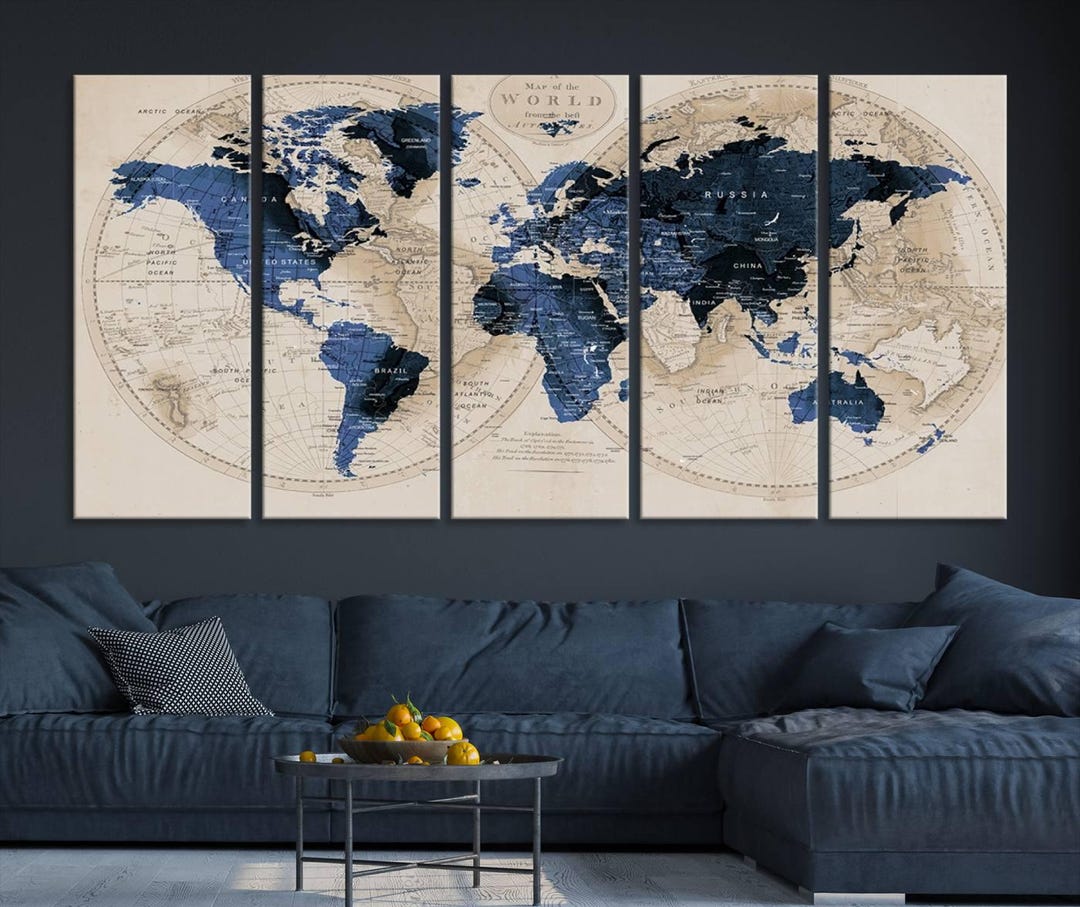 Vintage-style Navy and Cream World Map Canvas Print Classic Elegant ...
