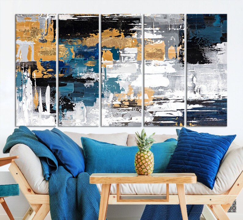 Navy Blue Abstract Painting Wall Art Canvas Print Modern Multi Panel ...