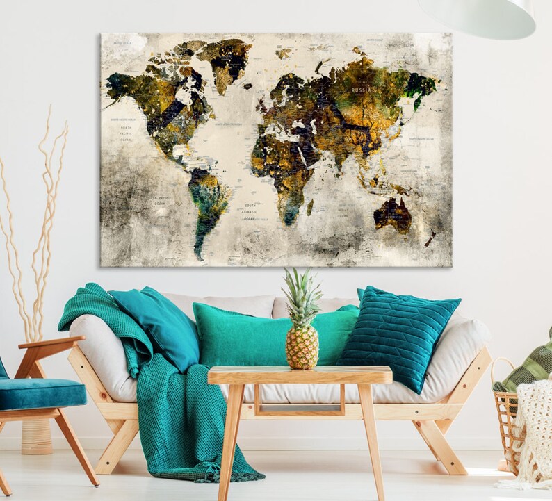 Extra Large World Map Canvas Wall Art Print Vintage Multi Panel Rustic ...