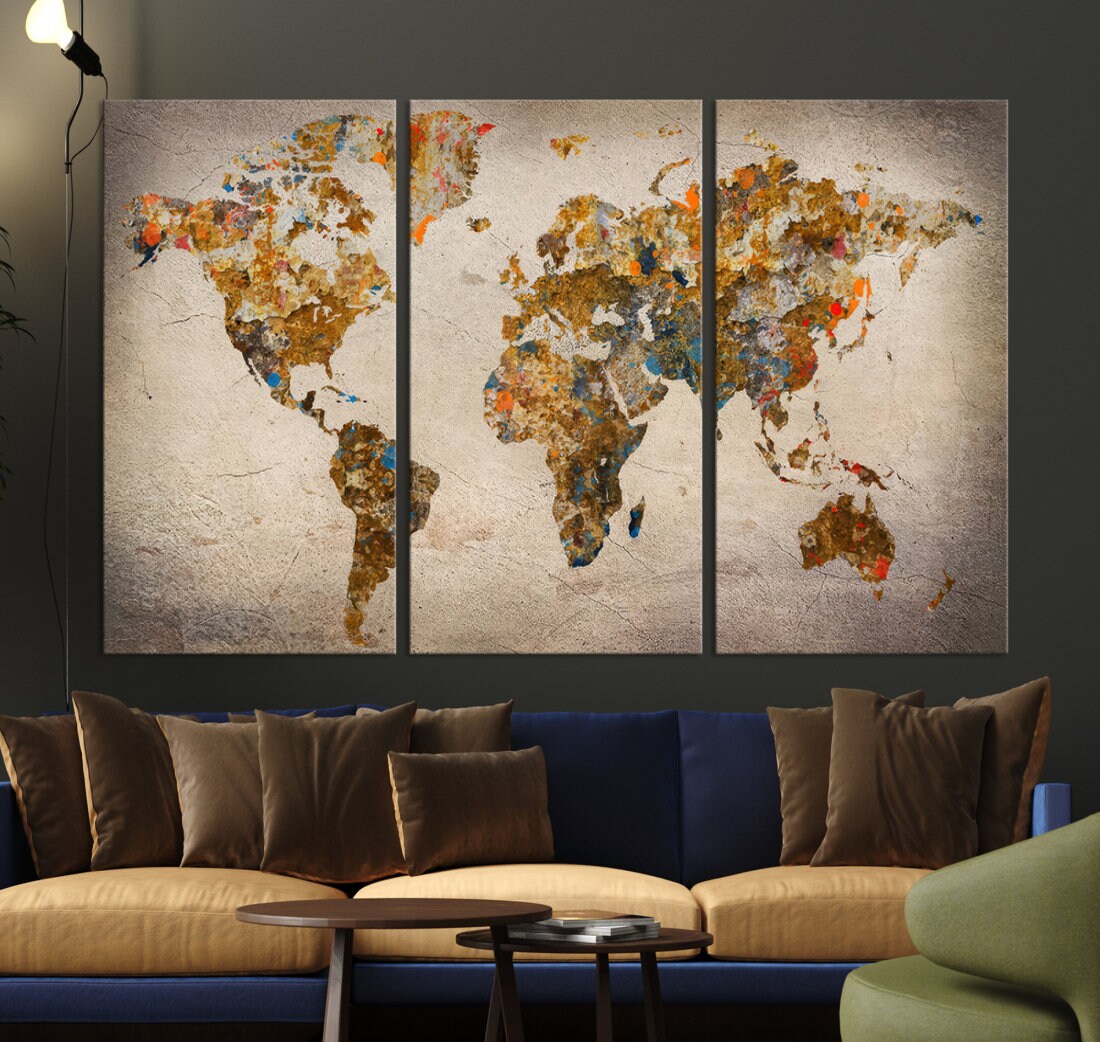 Vintage Textured World Map Canvas Wall Art Print Extra Large Multi ...