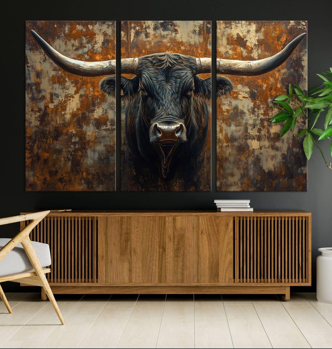 Abstract Majestic Texas Longhorn Wall Art, Old Rusty Background Angry ...